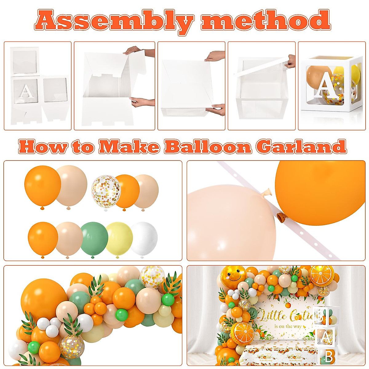 Winrayk Little Cutie Baby Shower Decorations Boy Girl, Baby Boxes with Letters Orange Balloon Arch A Little Cutie is On The Way Backdrop Tablecloth Foil Balloon Gender Reveal Baby Shower Decor Neutral