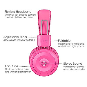 Kids Headphones-noot products K22 Foldable Stereo Tangle-Free 5ft Long Cord 3.5mm Jack Plugin Wired On-Ear Headset for iPad/AmazonKindle,Fire/Girls/Boys/School/Laptop/Travel/Plane/Tablet FlamingoPink