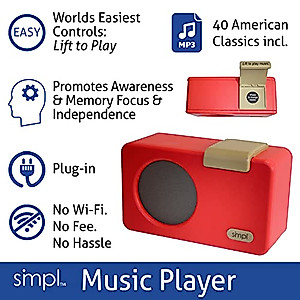 SMPL One-Touch Music Player, Audiobooks + MP3, Quality-Sound, Durable Wooden Encloser with Retro Look, 4GB USB with 40 Nostalgic Hits Included, Live Technical Support (Red, Music Player)