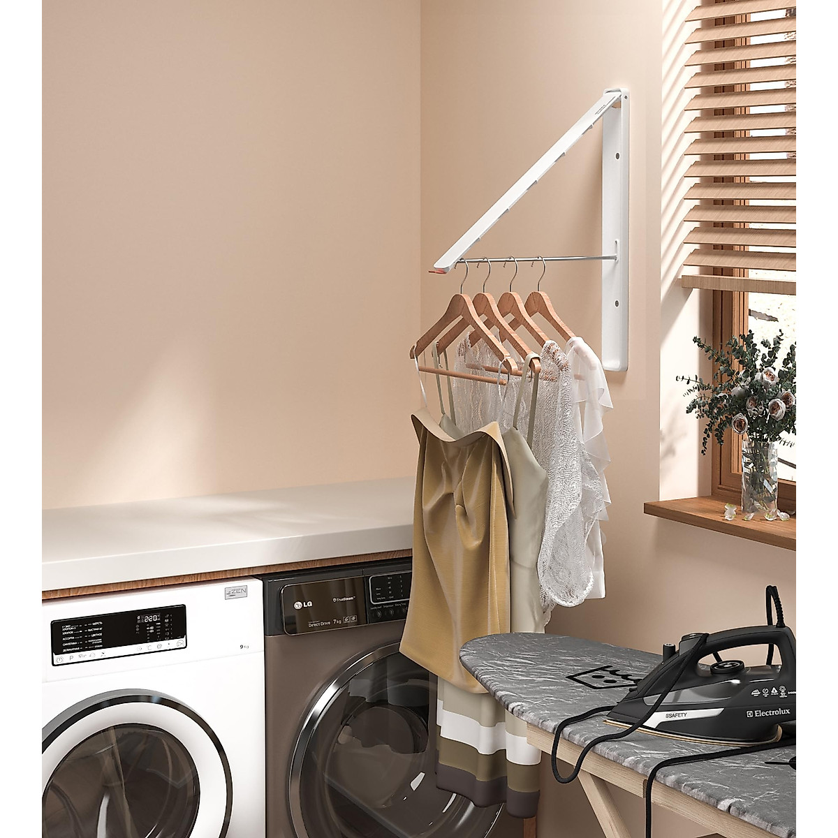 Dr.DJ Clothes Drying Rack Wall Mounted, Retractable & Foldable Clothes Hanger for Laundry Room Organization and Storage, Clothes Hanger Rack for Dorm, Closet, Balcony, Laundry Room(1P, Metal, White)