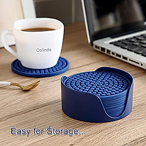 Colinda Silicone Drink Coasters with Holder, Set of 6, for Tabletop Protection and Office Desk, Cup Mat Set for Home Decor, Non-Slip and Non-Stick,Round,4 Inch,Teal