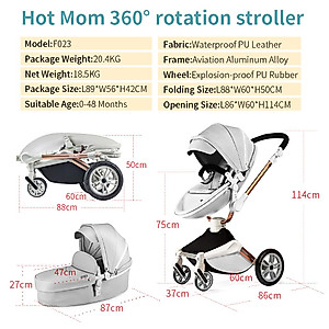 Hot Mom Baby Stroller 360 Rotation Function,Hot Mom Baby Carriage Pu Leather Pushchair Pram,F023 (Grey)