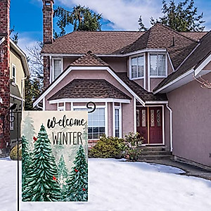 Welcome Winter Pines Tree Garden Flag Double Sided Cardinal Red Bird Christmas Garden Flag for Outside Xmas Farmhouse Seasonal Outdoor Flag