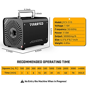 VIARRTCO Ozone Machine Generator 30000mg/h - 6000+ Sq. Ft. Ozone Machine Odor Removal for Home and Car with 120min timer All Metallic Black