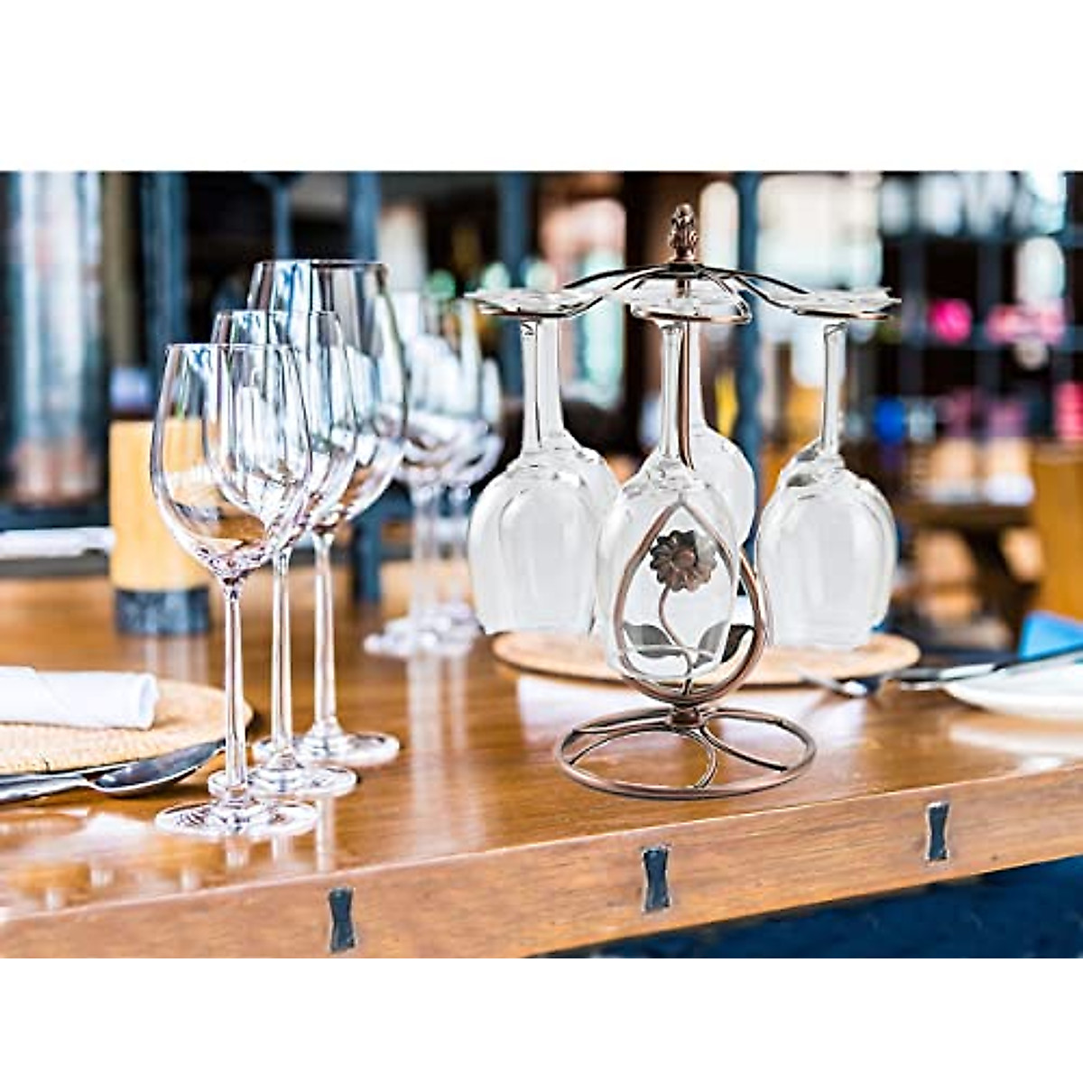 Hongiuia Wine Glass Holder - Freestanding Tabletop Metal Art - 6 Cup Storage Rack for Kitchen Bar Decor Easy Access and Storage for Wine Glasses - Bronze