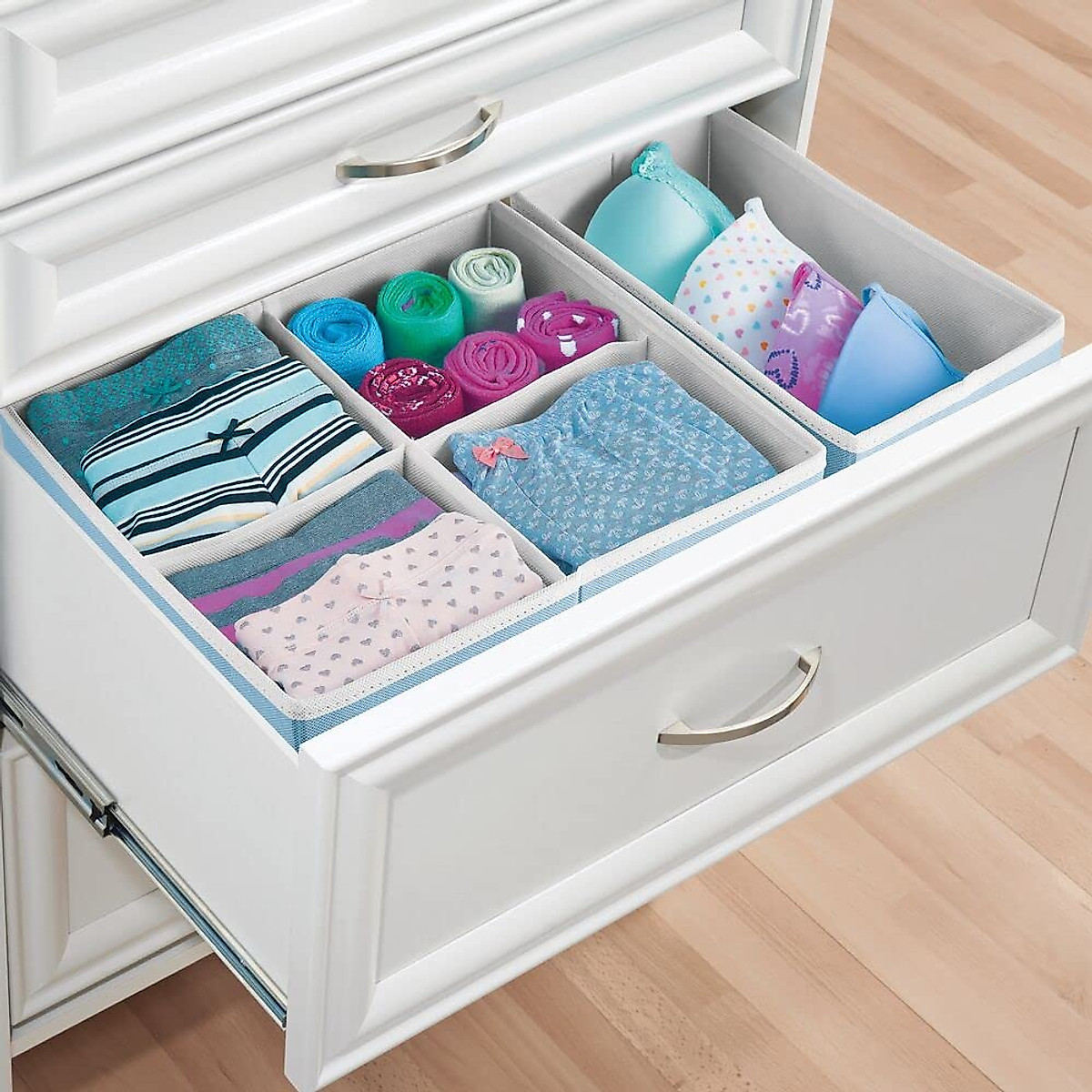 mDesign Soft Fabric Polka Dot Dresser Drawer and Closet Storage Organizer Bin for Child/Kids Room, Nursery, Playroom - Divided 5 Section Tray, Set of 2 - Light Blue/White