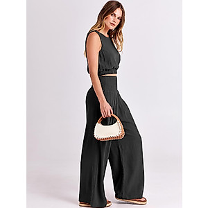 ANRABESS Women's 2 Piece Linen Lounge Set Casual Matching Pants Jumpsuit Summer Beach Travel Vacation Trendy Outfits Black Small