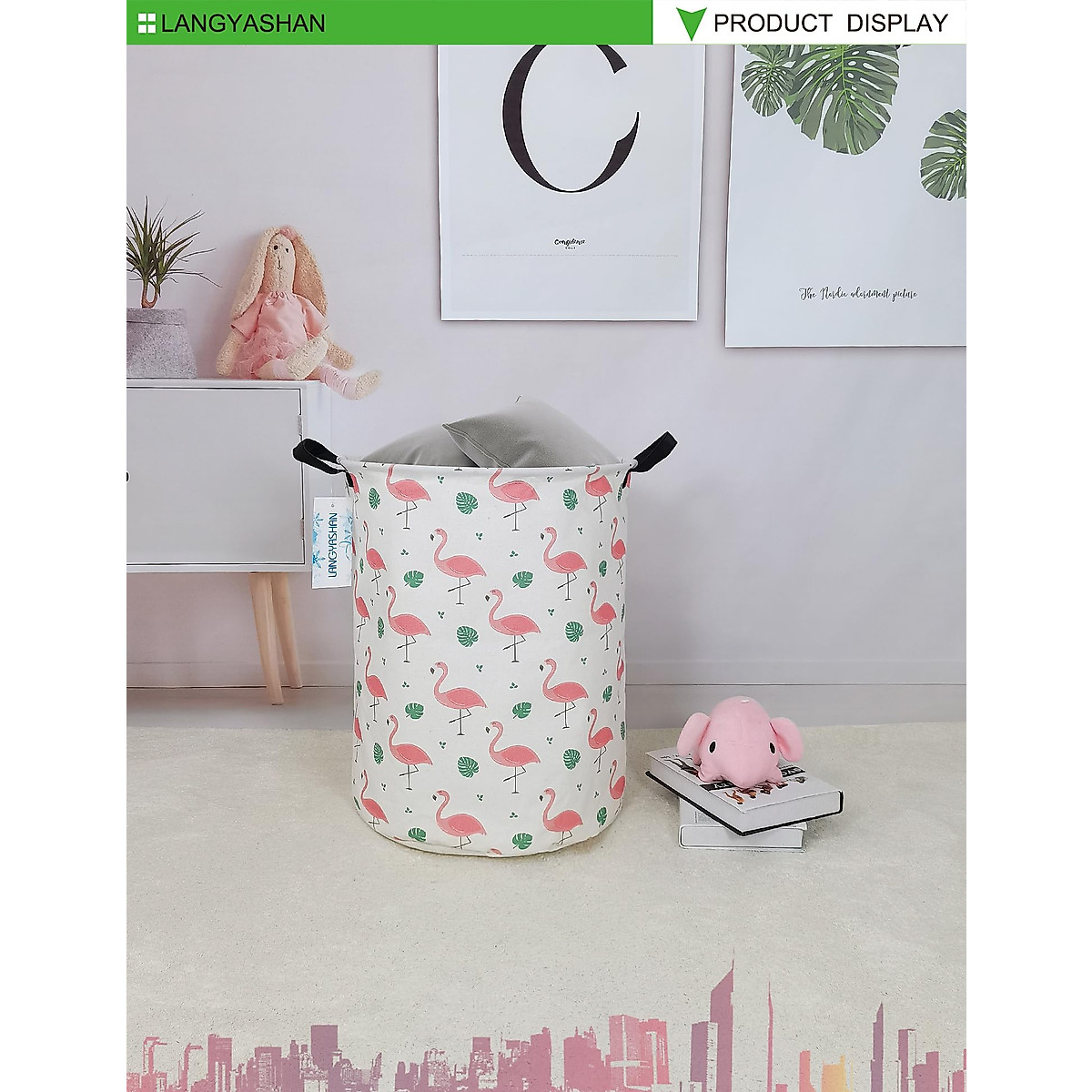 LANGYASHAN Laundry Basket Canvas Fabric Collapsible Organizer Basket for Storage Bin Toy Bins Gift Baskets Bedroom Clothes Children Nursery Hamper (Round Flamingo)