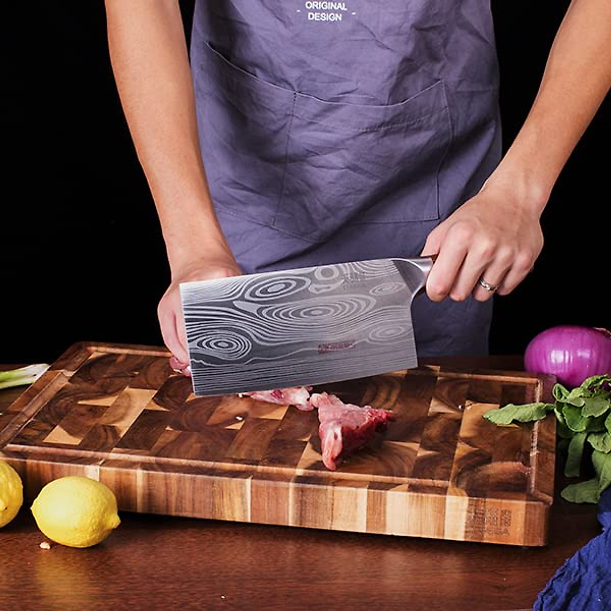 Professional Chinese Chef's Knife, Ultra Sharp Meat Cleaver 7.8 Inch, Damascus pattern Chopping Knife, 40Cr13 Steel Blade Thickness 3 mm, TJ SEGA Series TC19022