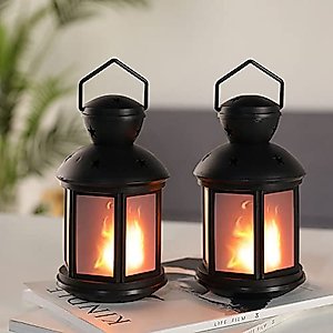 JHY DESIGN Set of 2 Vintage Style Decorative Lantern 8''High Plastic Battery Powered Glass Lights for Balcony Garden Hallway Indoor Outdoor