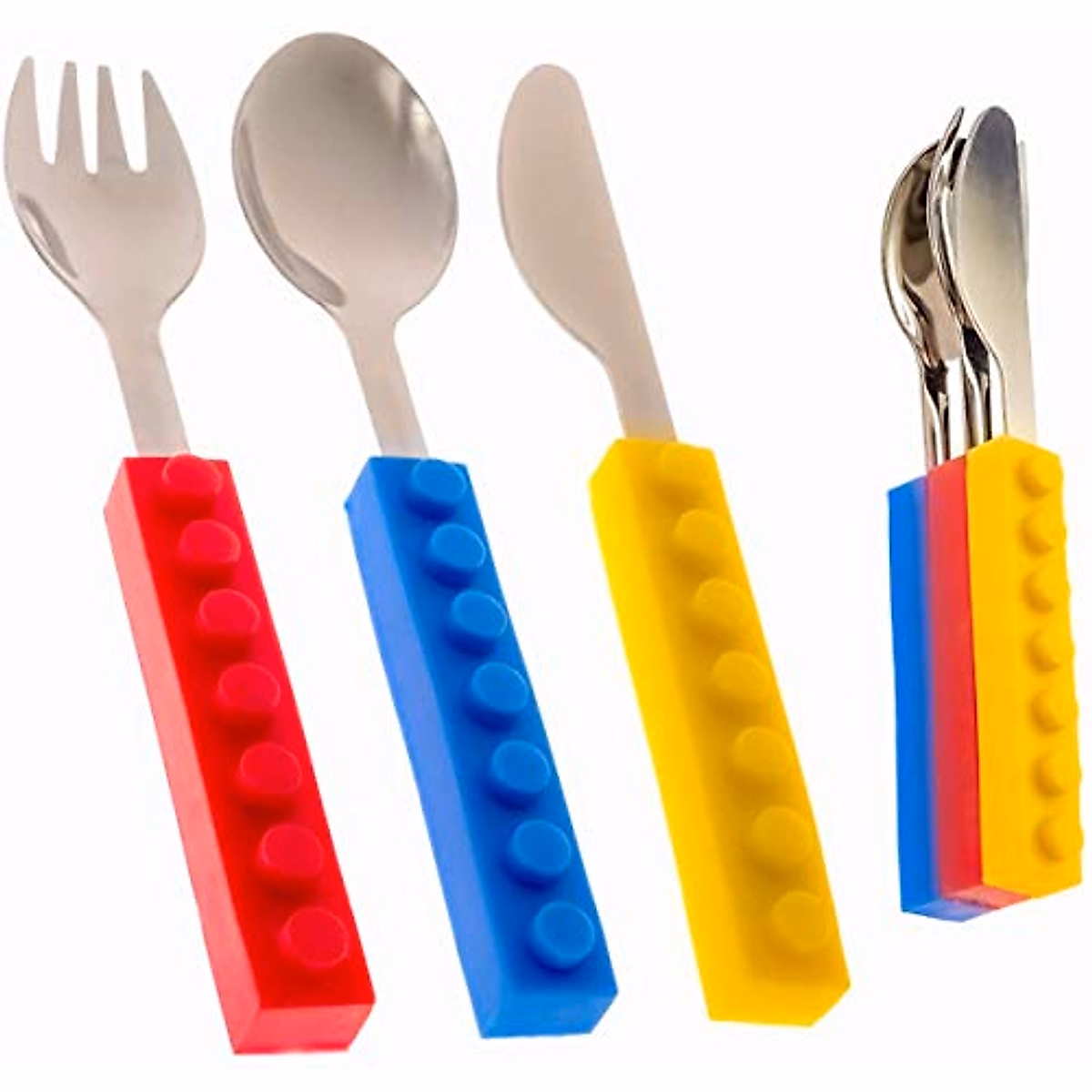 Toddler Utensils and Brick Toys - Set of 3 Interlocking Block Kids Silverware - Toddler Fork and Spoon Set with Toddler Knife for Kids - Non-BPA Kids Cutlery and Kid Safe Stainless Steel Silverware
