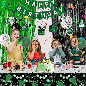 Green and Black Party Decorations for Men Women, Green Birthday Decorations for Boys Girls, 63pcs Happy Bday Party Supplies with Tablecloth Foil Fringe Curtains Balloons Hanging Swirls Decor
