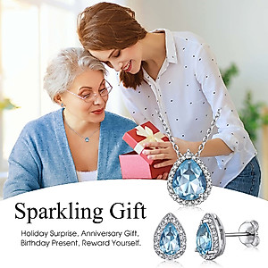 Bestyle 925 Sterling Silver Love Teardrop Cubic Zirconia Necklaces March Aquamarine Birthstone Crystal Pendant for Women, Hypoallergenic Necklaces for Sensitive Skin