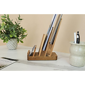 Brochure Holder - 4-Tier Acacia Wood Brochure Display Stand - Waterproof Flyer Stand w/Non-Slip Base - Handmade Flyer Holder for Flyer Display, Menu Holder, Pamphlet & Business Cards- [Pack of 1]