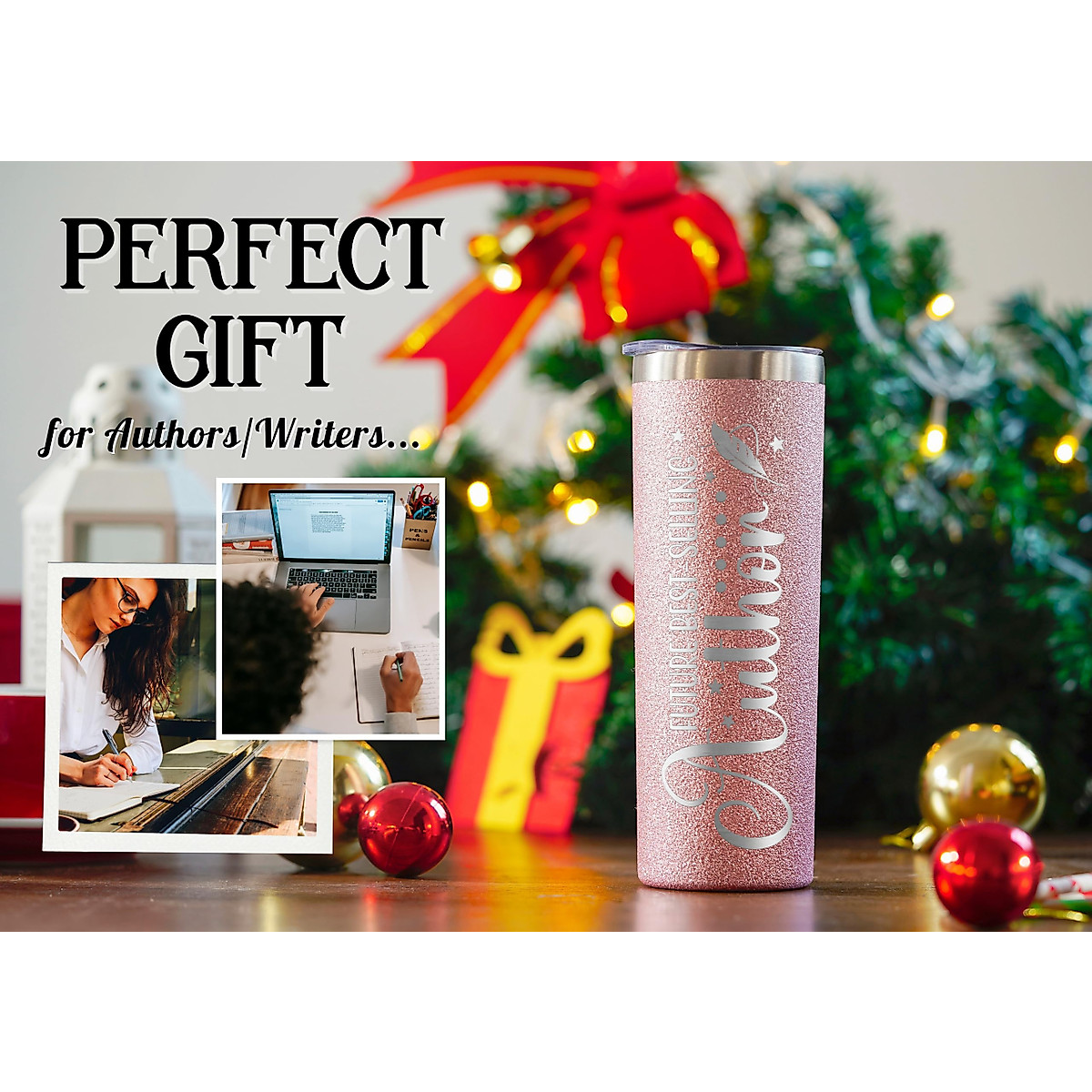 Onebttl Writer Gifts for Women - Future Author - 20oz/590ml Glitter Stainless Steel Insulated Tumbler with Straw - Graduation/Birthday/Christmas Gift for Writers, Novelist - Glitter Pink