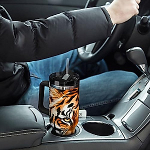Flradish 30oz Tumbler with Handle, Watercolor Tiger Portrait Stainless Steel Tumbler with Lid and Straws Double Wall Vacuum Insulated Leakproof Coffee Travel Mug