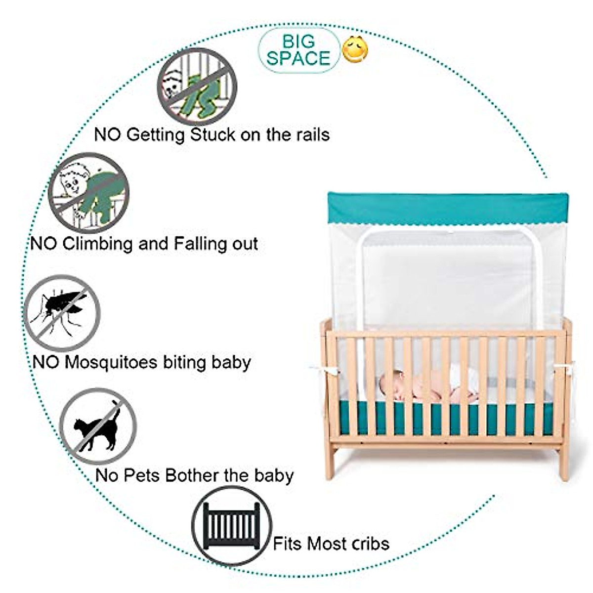 YeTrini Crib Safety Tent,See Through Mesh Crib Netting Mosquito Nets Sturdy Crib Cover to Keep Toddler from Climbing Out,to Keep Cats Out,to Keep Baby in-Gray