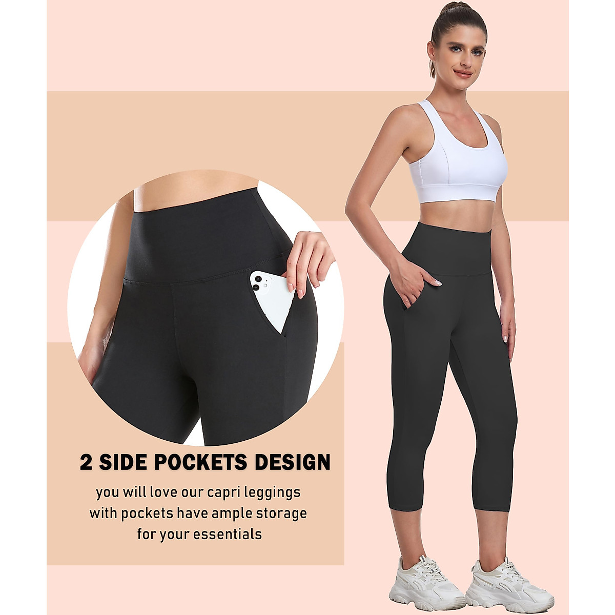 NEW YOUNG Capri Leggings with Pockets for Women High Waisted Workout Leggings Tummy Control Yoga Pants