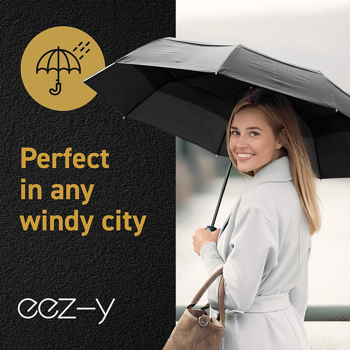 ﻿EEZ-Y Travel Umbrellas for Rain - Wind Resistant w/Open Close Button - Black