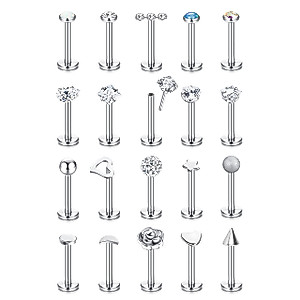 Subiceto 18G 20Pcs Threadless Push in Nose Stud Rings Lip Rings for Women Men Flat Back Earrings Cz Ball Heart Stainless Steel Silver 18G 8mm