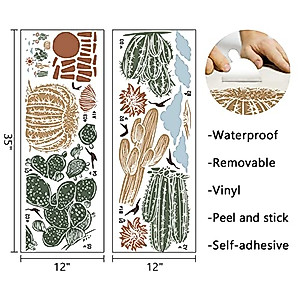 Mfault Boho Cactus Botanical Wall Decals Stickers, Bohemian Cacti Green Plant Sun Cloud Bird Nursery Decorations Kids Bedroom Art, Neutral Toddlers Room Classroom Playroom Decor