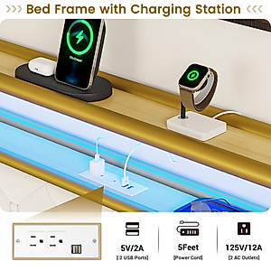 ADORNEVE King LED Bed Frame with Storage Headboard,Upholstered King Size Platform Bed Frame with Power Outlets & USB Ports,Velvet Tufted Headboard & Footboard,Noise-Free,Creamy White & Gold