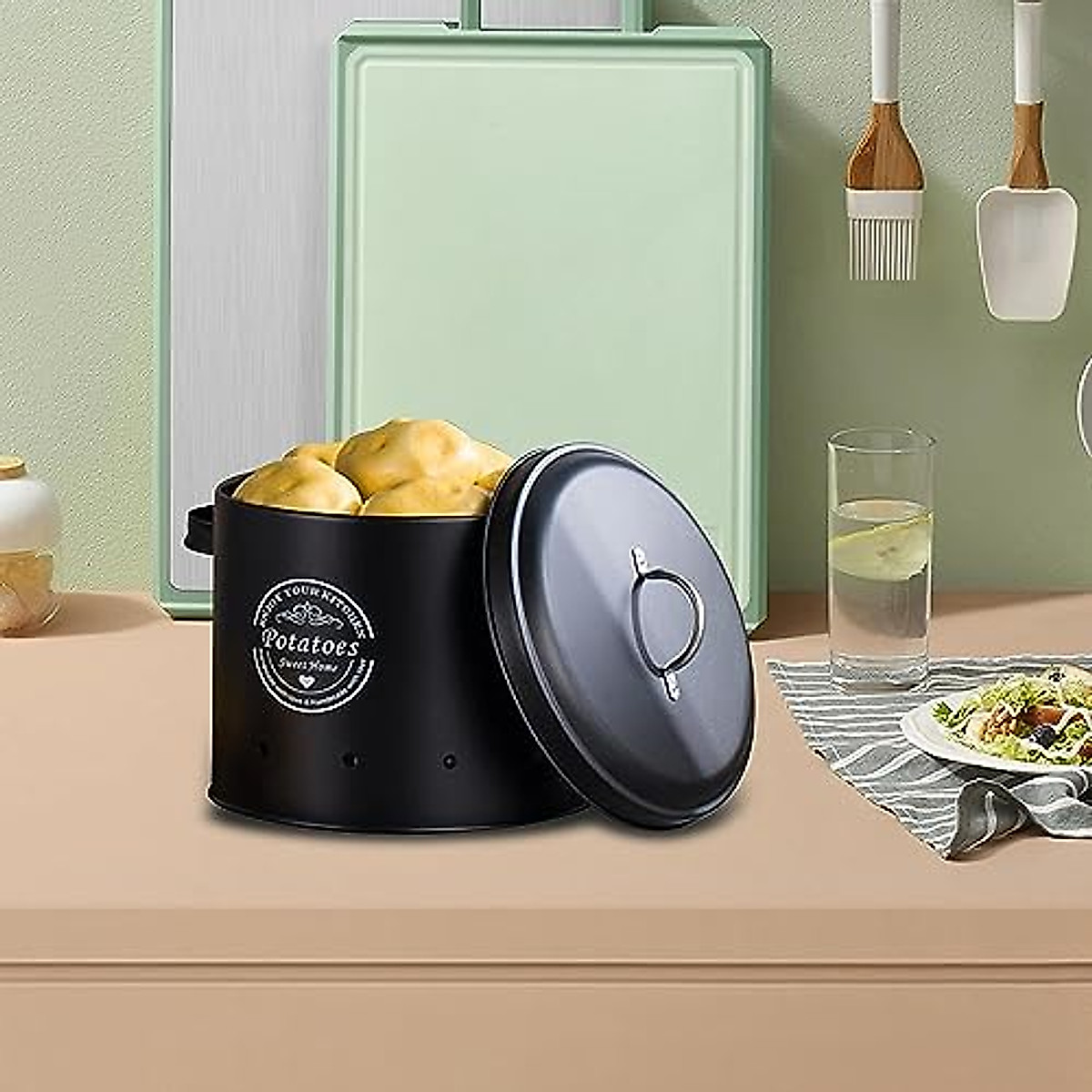 Easnea Potato, Onion & Garlic Kitchen Storage Canisters, Kitchen Vegetable Storage Tins, Rustic Farmhouse Containers, Kitchen Pantry Organizer Tin for Counter Home Kitchen (Black L)