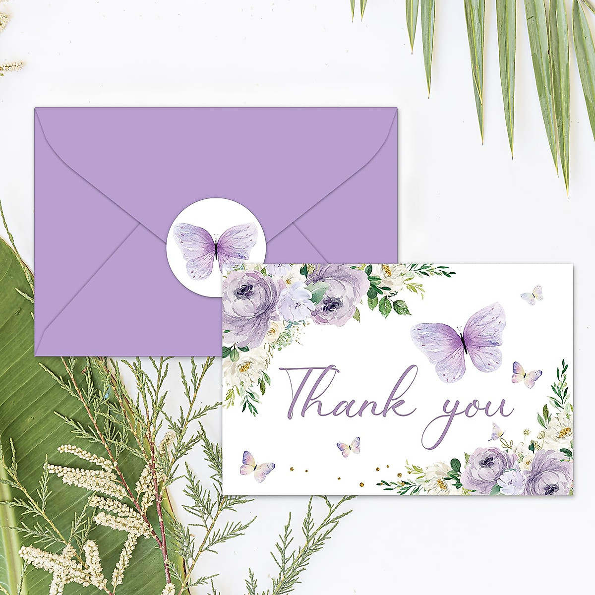 Whaline 24Pcs Floral Butterfly Thank You Cards Purple Flower Greeting Cards with Envelope Stickers Spring Watercolor Blank Note Cards for Birthday Wedding Baby Shower Bridal Shower, 4 x 6 Inch