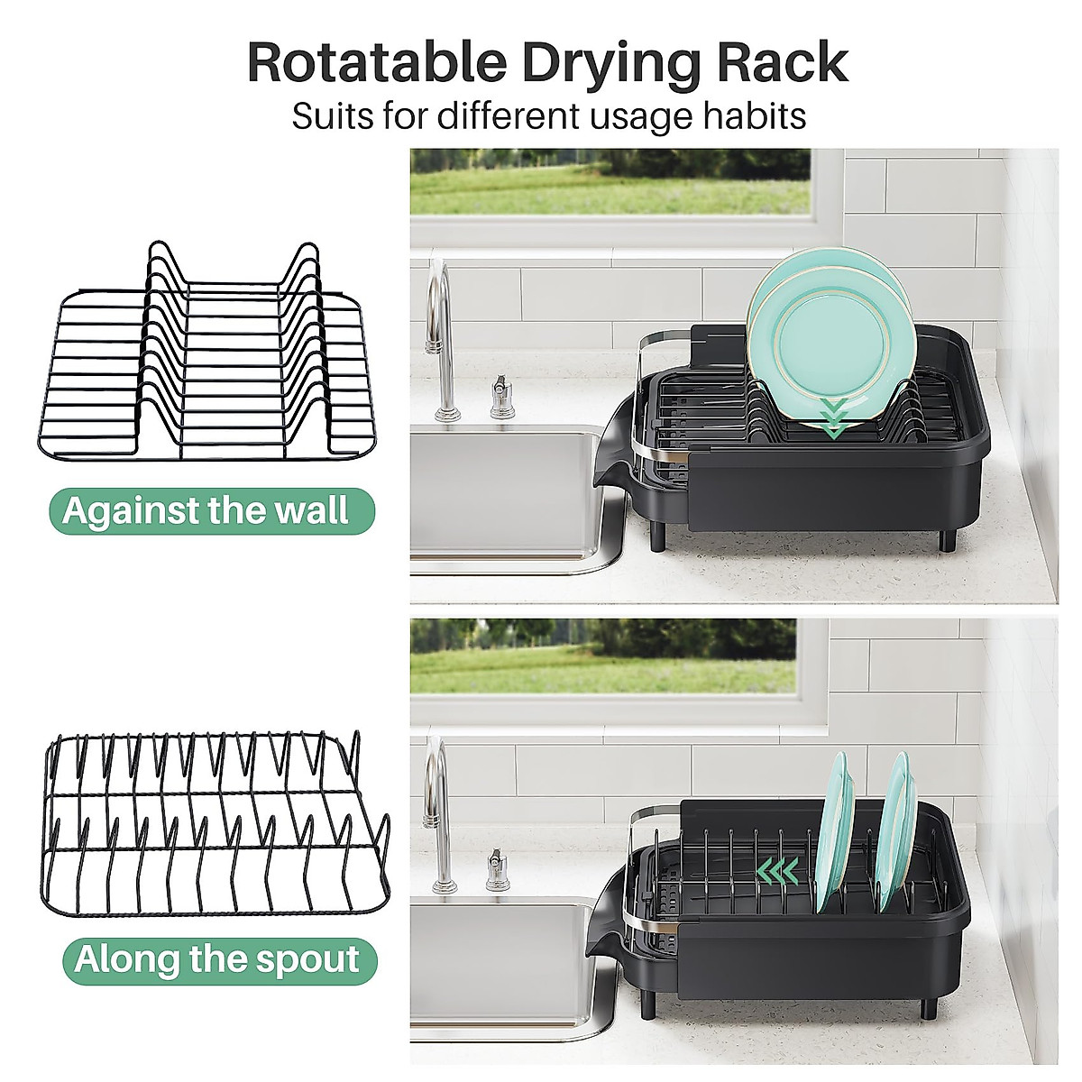 Dish Drying Rack - Extendable Dish Rack for Kitchen Counter, Saving Countertop Space Dish Drainer, Stainless Steel Kitchen Drying Rack with Cutlery Holder, 22.1''L x 12.8''W (Black)