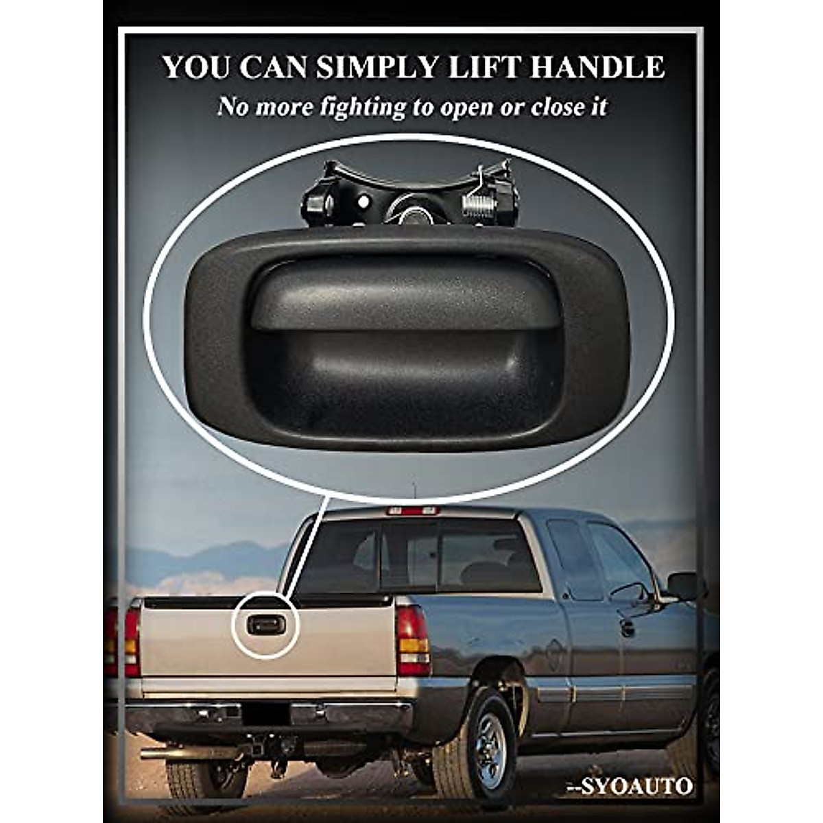 SYOAUTO Tailgate Handle Latch and Bezel Trim with Rod Clips Fits for 1999-2007 Chevy Silverado GMC Sierra 1500 2500 3500 Black Textured Replaces# 15997911, 15228539, 15228541, 15228540