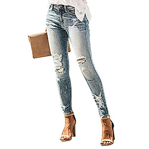 KUNMI Women's Ripped Boyfriend Slim Fit Jeans Frayed Distressed Stretchy Denim Pants