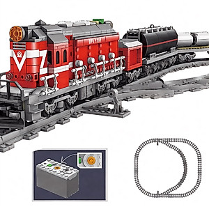 General Jim's Red Diesel Cargo Train Building Blocks Set - 1000+ Piece City Series with Automatic Running System, Railway Tracks, and Truck - Compatible with Major Brick Building Brands