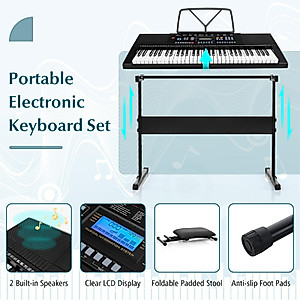 Costzon 61 Key Keyboard Piano, Electric Piano Keyboard for Beginners with Stand & Bench, 300 Timbres, 300 Rhythms, 50 Demos, 3 Teaching Modes, Headphones, Microphone, LCD Screen, Built-in Speakers