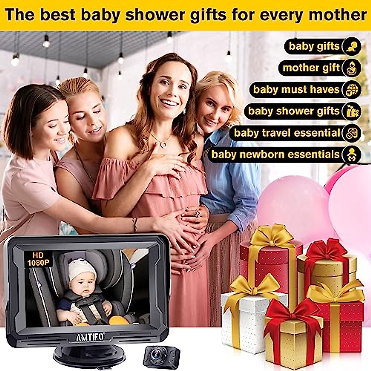 Baby Car Camera Rear Facing: HD 1080P Car Baby Monitor with Camera Wide View 360° Rotation Adjustable Backseat Camera Crystal Night Vision 3 Mins Easy to Install
