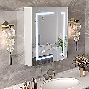 LED Medicine Cabinet with Mirror 2 Door Lighted Medicine Cabinet with Defogger, Bathroom Mirror Cabinet with Storage Wall Mounted, 3 Light Colors, Memory Function 23.6x25.6Inch