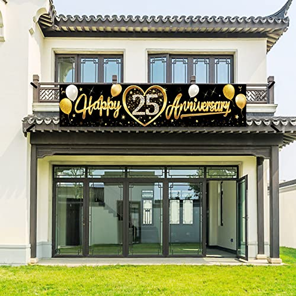 Kauayurk Happy 25th Wedding Anniversary Banner Decorations, Black Gold 25th Anniversary Sign Party Supplies, 25th Wedding Anniversary Decor Photo Booth for Outdoor Indoor
