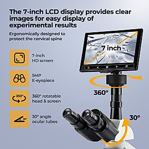[Constant Temperature] Vabiooth Lab Trinocular Compound Microscope 40X-2500X Magnification with 7" Monitor 5MP E-Eyepiece,Adjustable Thermostat Mechanical Stage for Husbandry,Pet Hospital,Farms