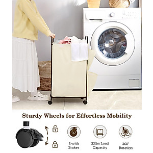 Luxspire 75L Slim Laundry Hamper with Wheels, Rolling Laundry Basket with Lid, Removable Clothes Hamper with Metal Frame, Narrow Laundry Hamper for Dorm, Bedroom, Nursery, Closet, Small, Beige