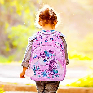 KLFVB 3PCS Unicorn Backpack for Girls, 16" Sequin Kids Bookbag and Lunch Box, Preschool Backpacks for Elementary Students