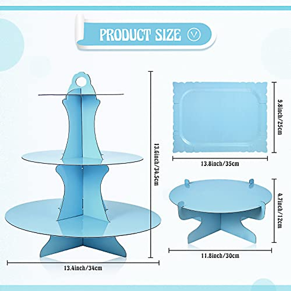 7 Pieces Cake Stand Set 3-Tier Cardboard Cupcake Stand 1-Tier Cake Stand Round Dessert Stand Rectangle Serving Tray Reusable Platters Cupcake Holders for Desserts Birthday Party (Sky Blue)