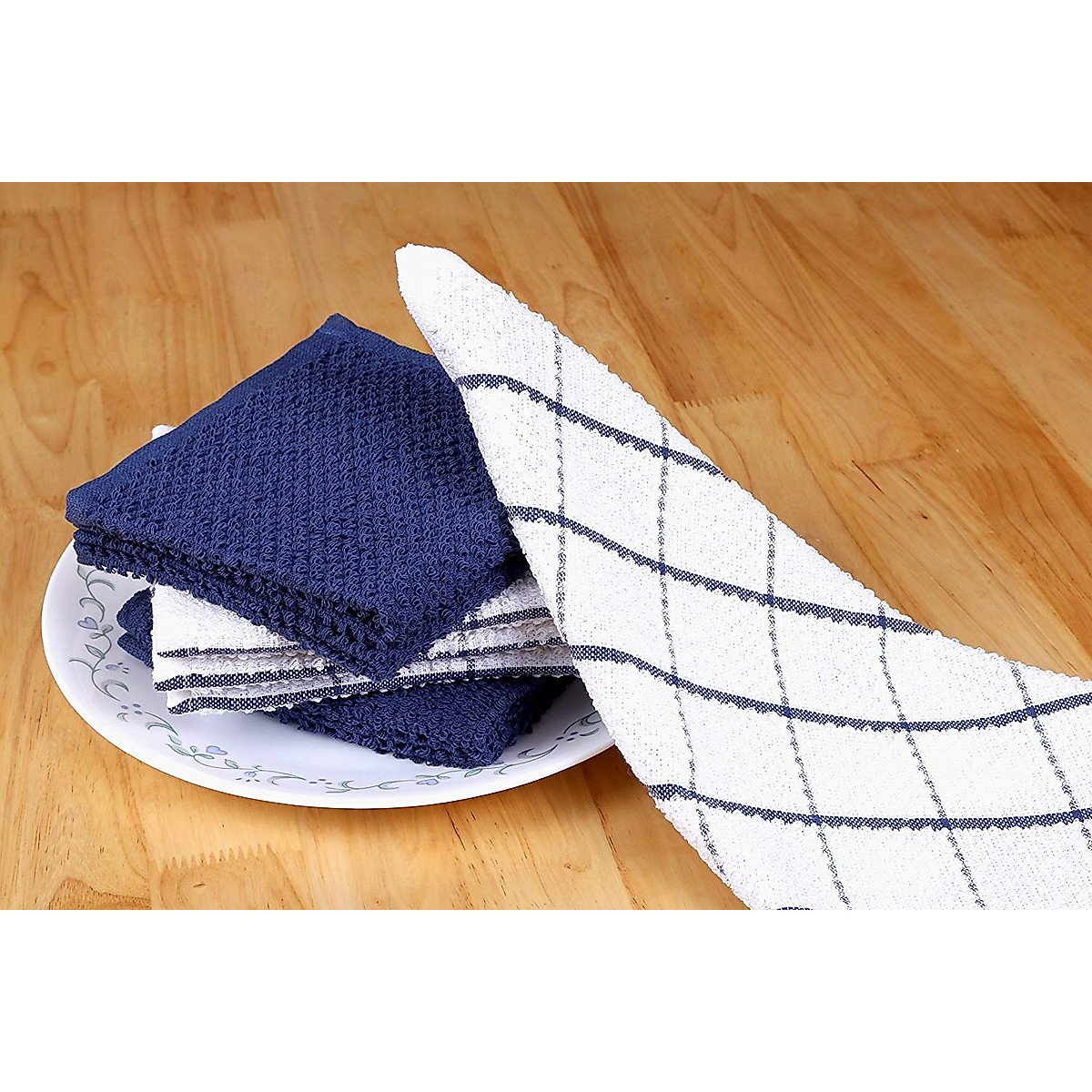 AMOUR INFINI Bundle Pack of 4 Terry Dish Towels + 8 Dish Cloths Ultra Soft and Absorbent Kitchen Towel & Dishcloth Combo - Cotton Dishtowels for Washing Up | Blue