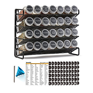 SpaceAid Spice Rack Organizer with 28 Spice Jars, 386 Spice Labels, Chalk Marker and Funnel Set for Cabinet, Countertop, Pantry, Cupboard or Door & Wall Mount - 28 Jars, 13.4" W × 10.8" H