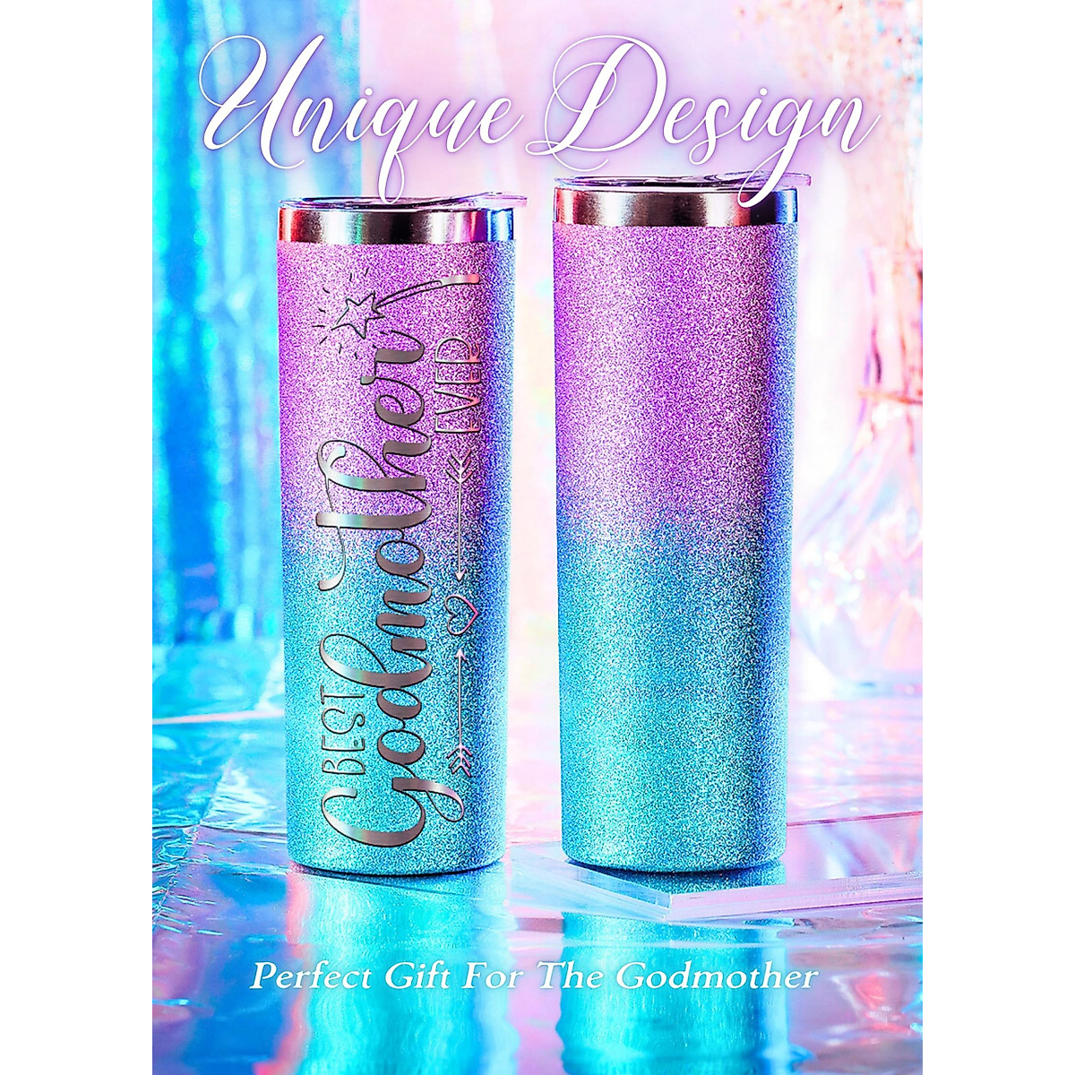 Onebttl Godmother Gifts, Mothers Day Gifts for Godmother, 20 oz Skinny Stainless Steel Tumbler Travel Mug for Best Friend, Aunt, Sister, Best Godmother Ever Glitter Blue Purple