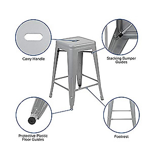 Flash Furniture Lily 24" High Metal Counter-Height, Indoor Bar Stool in Silver - Stackable Set of 4