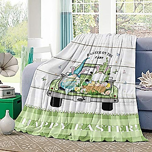 SUN-Shine Easter Blanket Luxury Fleece Throw Blankets, Green Plaid Truck with Dwarf and Egg Fuzzy Flannel Throws Super Soft Cozy Warm Blanket for Home Couch Sofa Bed Chair Wood Texture
