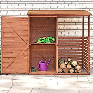 Leisure Season CFS7181 Combination Firewood and Storage Shed - Brown - Outdoor Garden Cedar Box with Shelves, Roof, Doors - Large Yard Lumber Lockers - Patio, Backyard, Deck, Organizer -Fast Assembly
