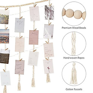 Mkono Macrame Hanging Photo Display Wall Decor with String Lights Boho Wooden Beads Garland Collage Picture Frame Holder with 45 Clips for Bedroom, Living Room, Nursery Dorm, Teenage Teen Girl Gifts