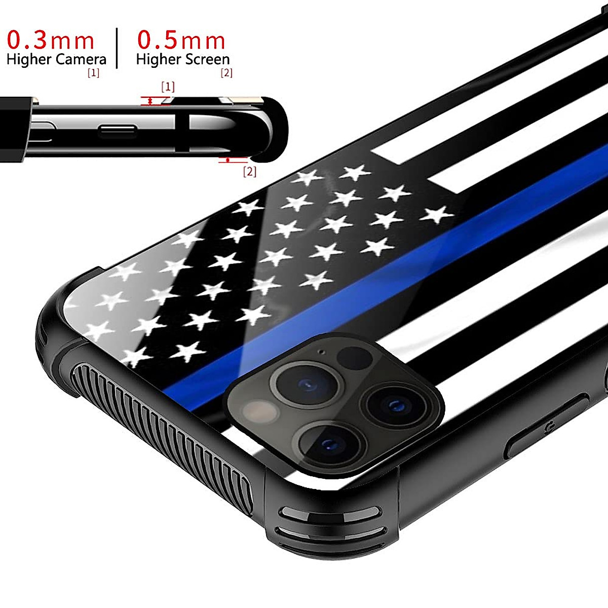 ZHEGAILIAN Case for iPhone 13 Mini - American Flag Blue Line, Tempered Glass Back & Soft Silicone TPU Shock Protective Case