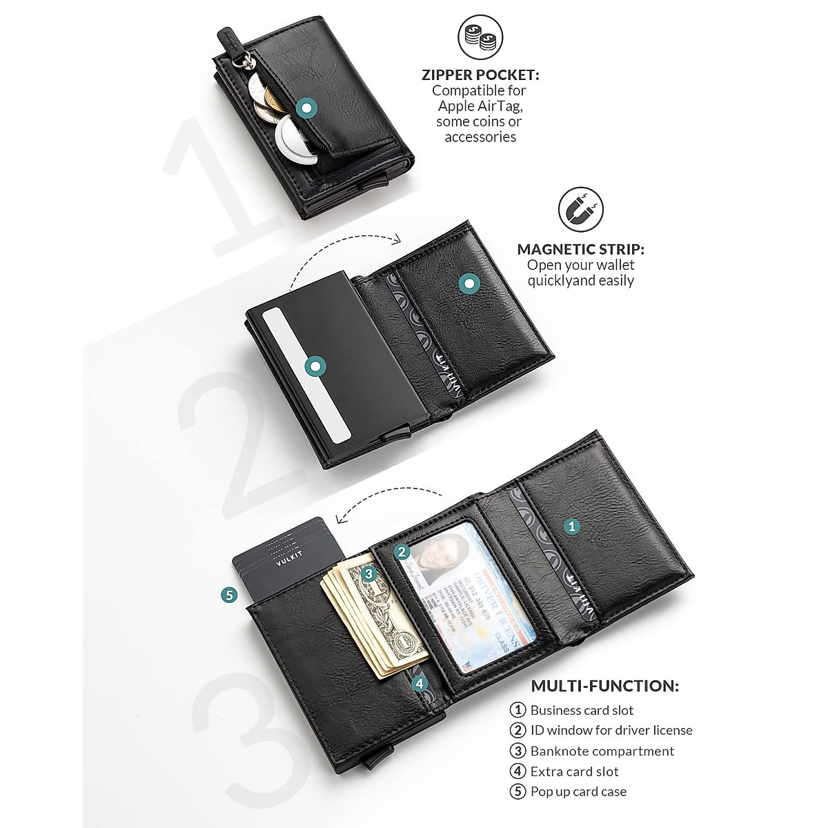 VULKIT Pop up Wallet RFID Blocking Leather Credit Card Wallet with Banknote Compartment, ID Window & Coin Pocket (Black)