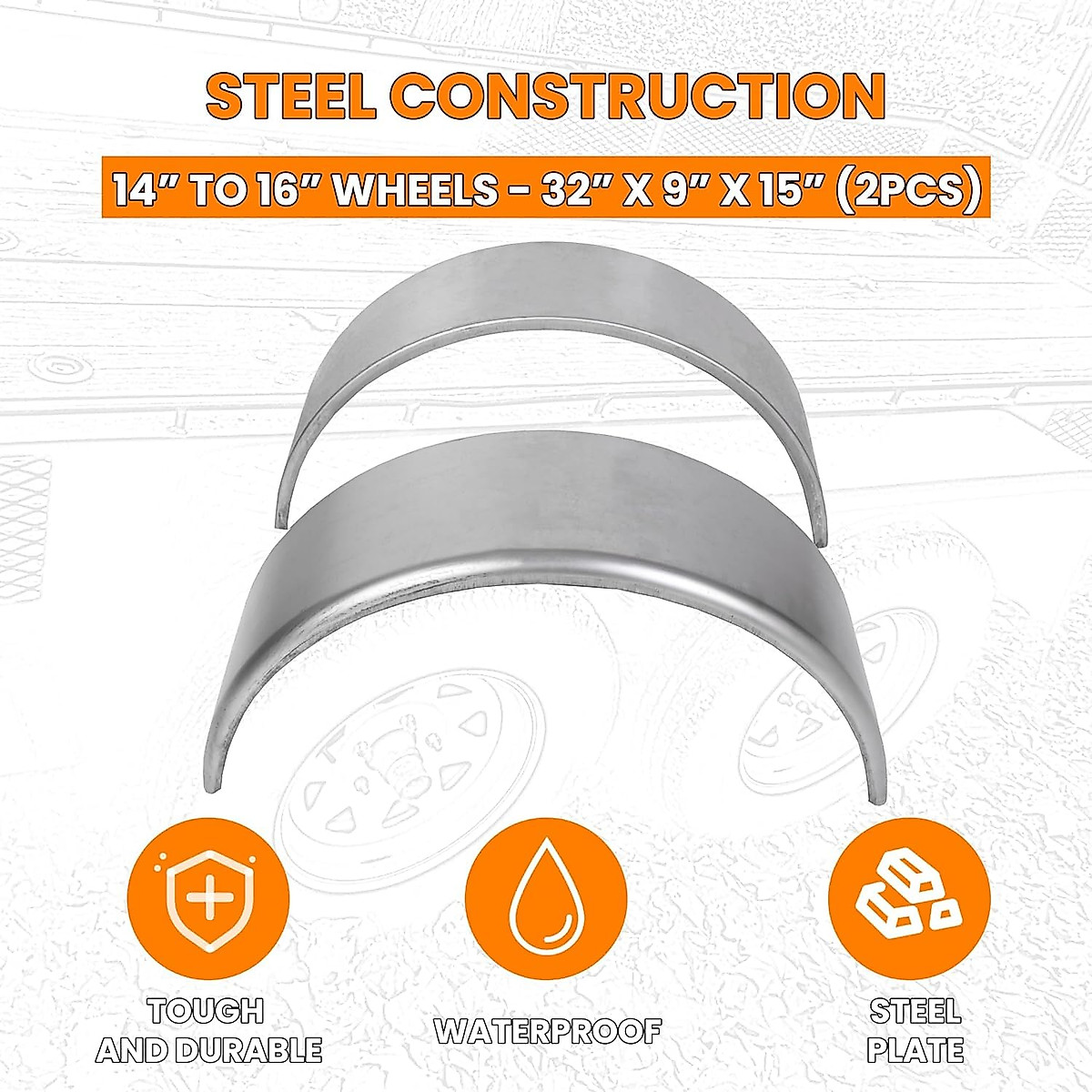HECASA Steel Round Single Axle Trailer Fenders and Fender Backs Fits 14” to 16” Wheels - 32” x 9” x 15” (2Pcs)